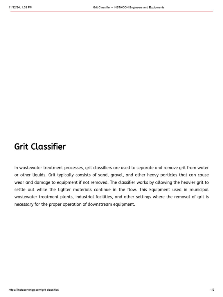 Grit Classifier - INSTACON Engineers and Equipments | PDF