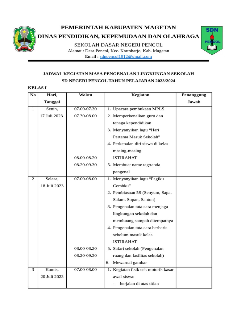 Jadwal MPLS SD Negeri Pencol 2023/2024 | PDF