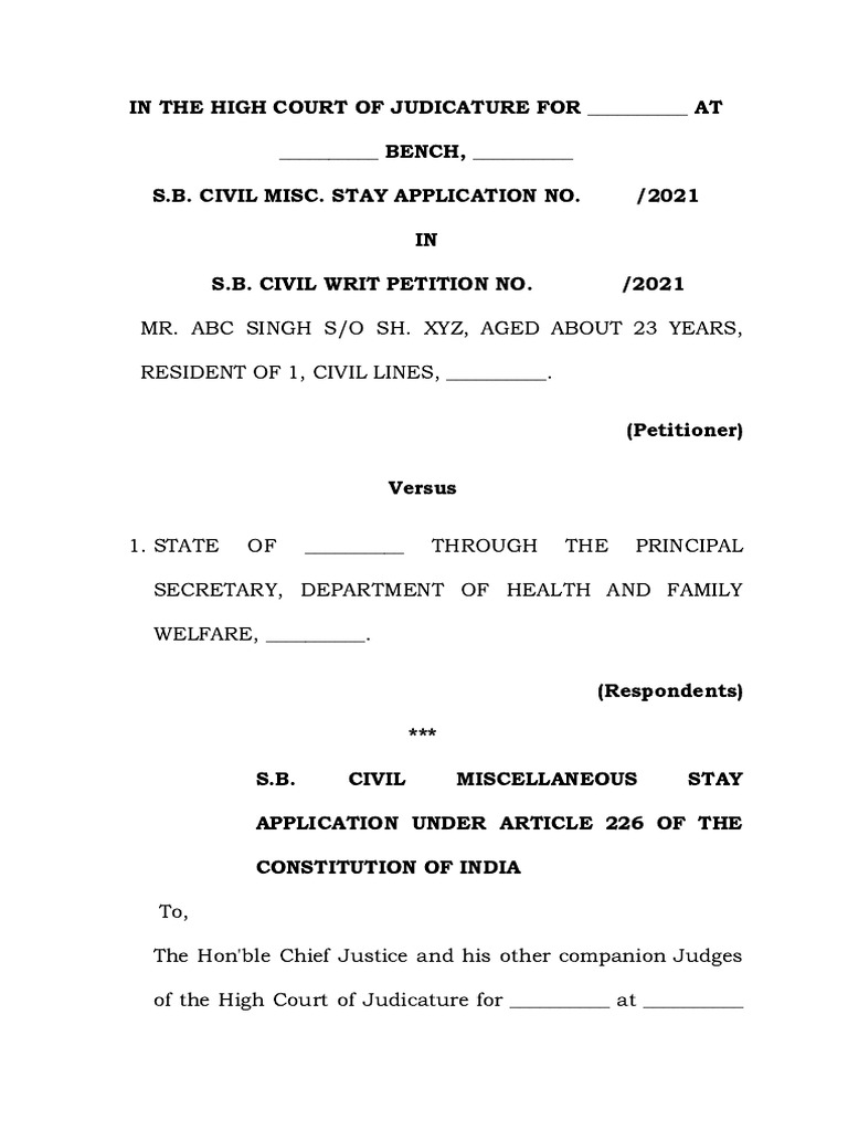 High Court Stay Application Format | PDF | Affidavit | Writ