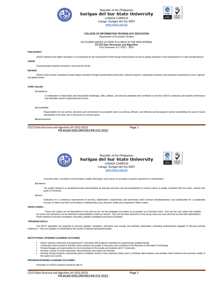 CS213 - Data Structures and Algorithms - College of Information Technology Education | PDF ...
