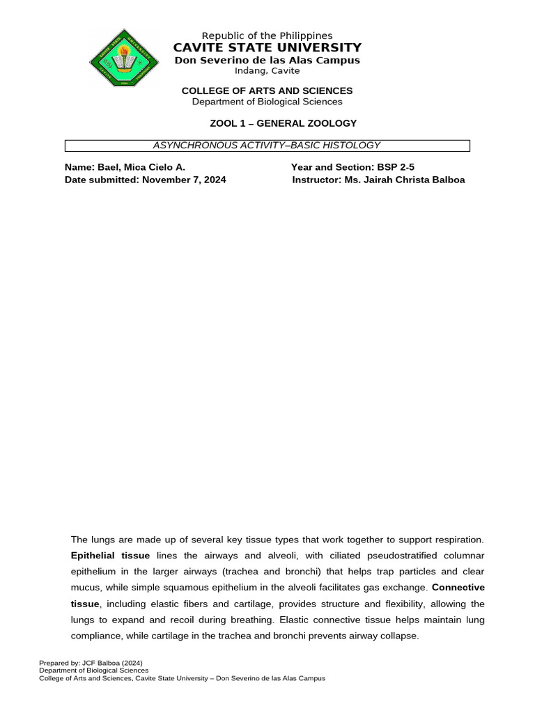 ZOOL 1 - Tissues - Asynch Activity | PDF | Respiratory Tract | Lung