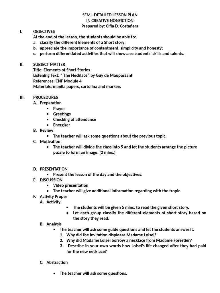 Creative Nonfiction Lesson Plan: Short Stories | PDF | Lesson Plan ...