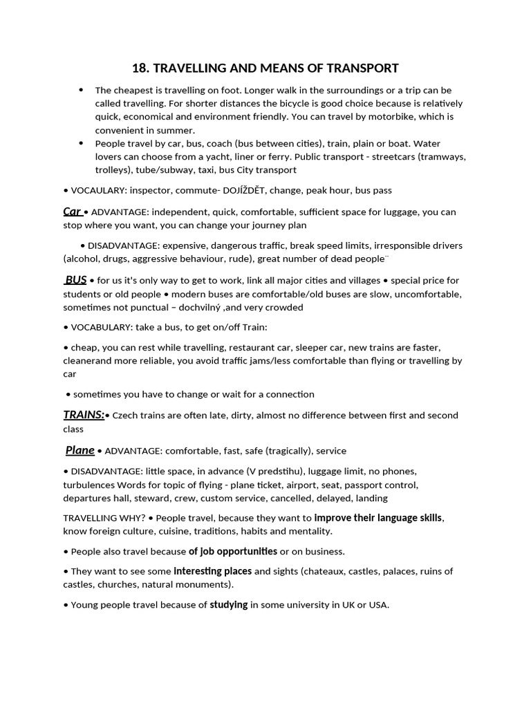 TRAVELLING Maturitní Otázka | PDF | Bus | Hotel