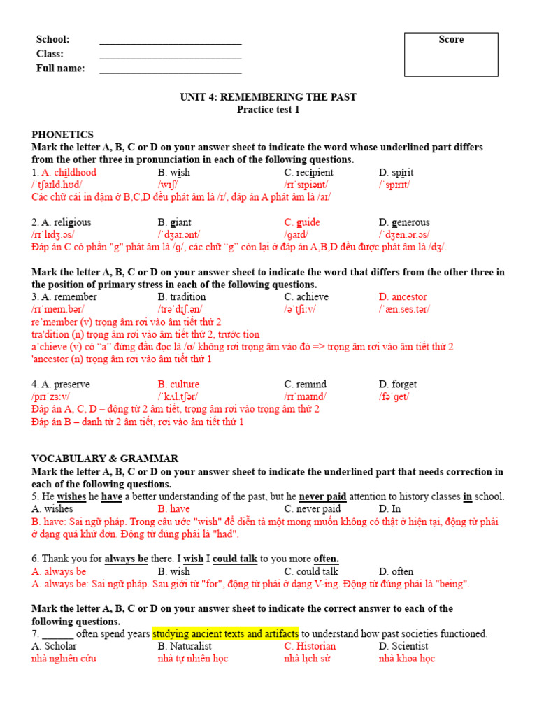 G9 Practice Test 1 Unit 4 - Key | PDF