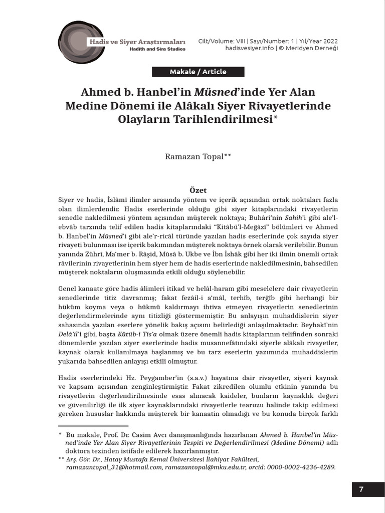 Ahmed B. Hanbel'in Müsned'inde Yer Alan Medine Dönemi Ile Alâkalı Siyer ...