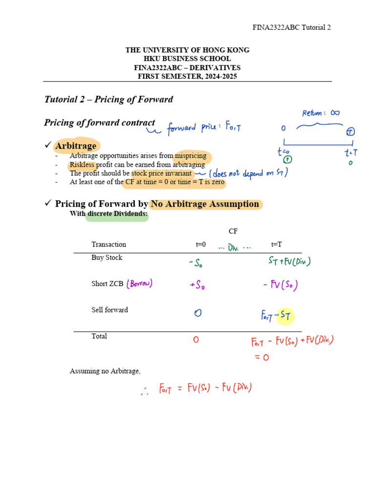 FINA2322 ABC 2024 Tutorial 2 Notes | PDF | Arbitrage | Exchange Rate