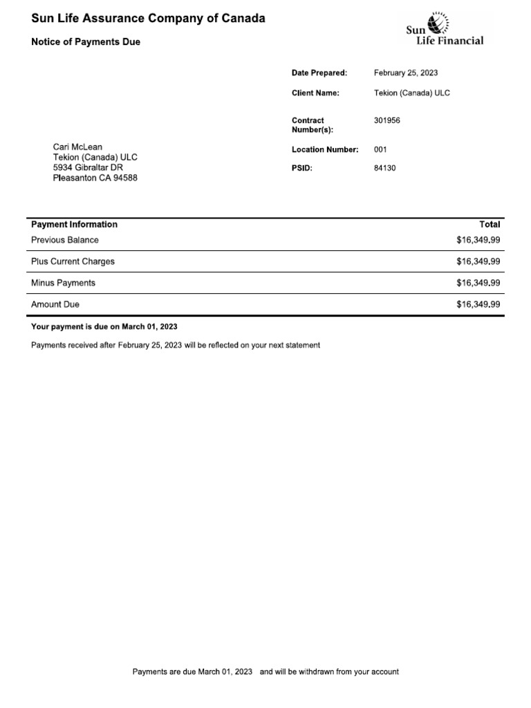 Sun Life March 2023 Invoice | PDF