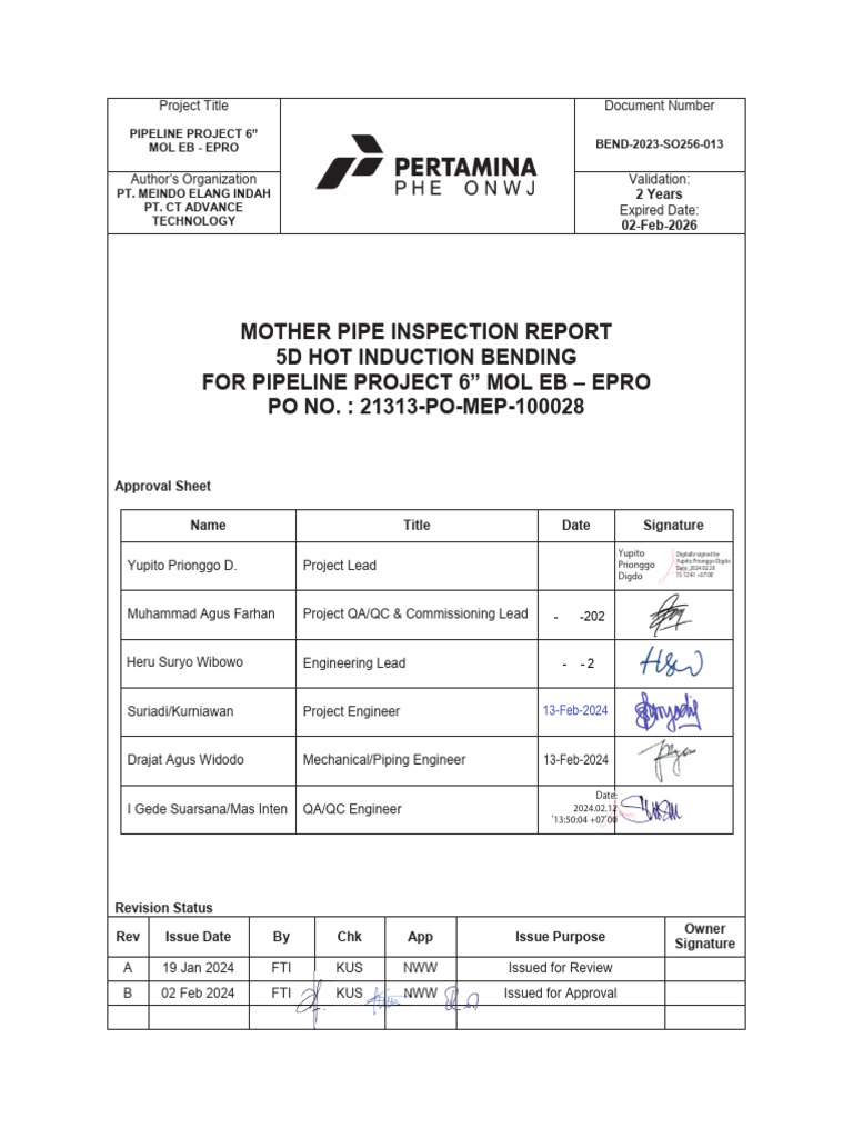 BEND-2023-SO256-013 - RevB - Mother Pipe Inspection Report - App | PDF
