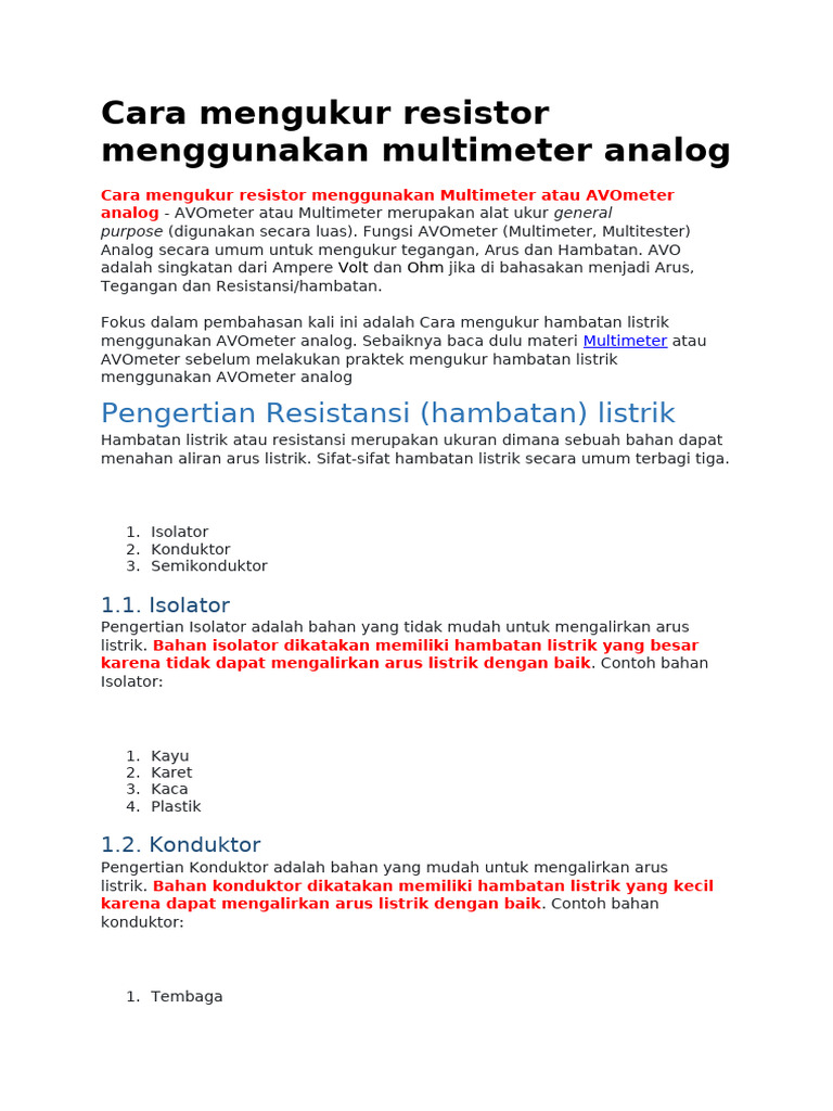 Cara Mengukur Resistor Menggunakan Multimeter Analog | PDF | Metode & Bahan Ajar