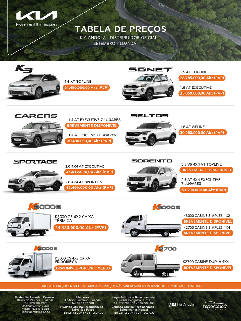 Tabela de Preços Kia Angola - SETEMBRO | PDF