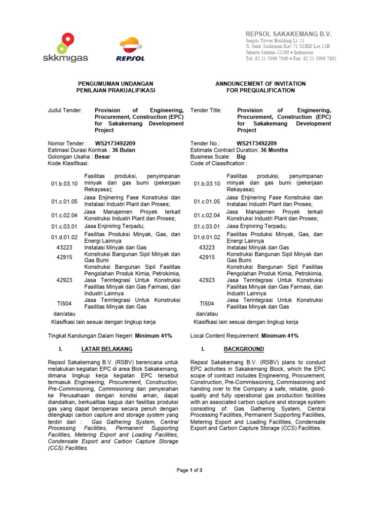 PQ Announcement - Repsol Sakakemang Development Project | PDF