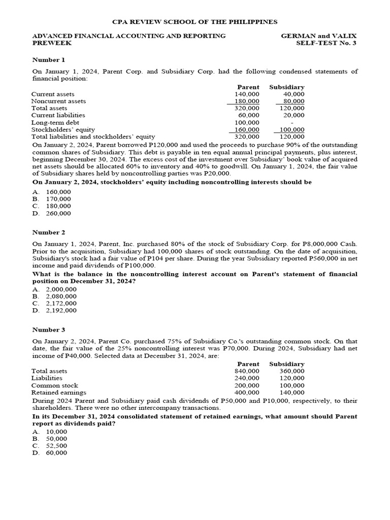 CPA Test Bank: Advanced Accounting | PDF | Equity (Finance) | Fair Value