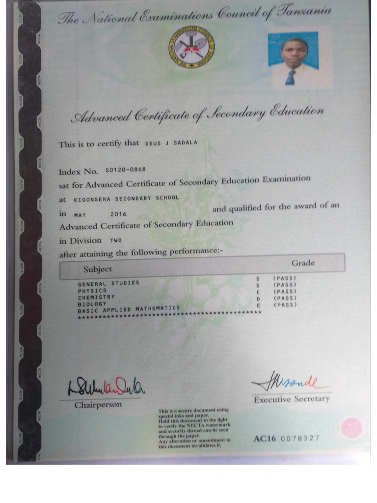 Form Six Cheti | PDF