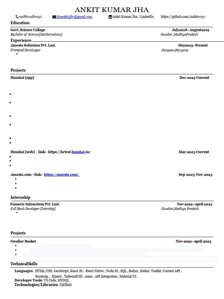 Ankit jha cv (1)-1 | PDF | Java Script | My Sql