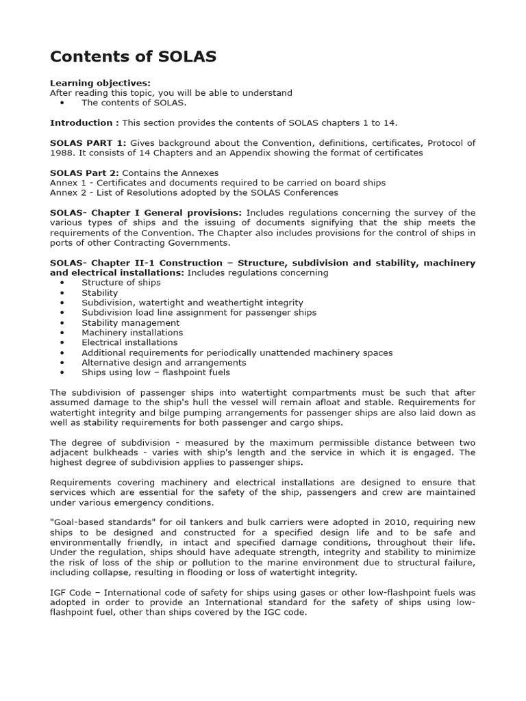 SOLAS Chapters 1-14 Overview | PDF | Dangerous Goods | Ships
