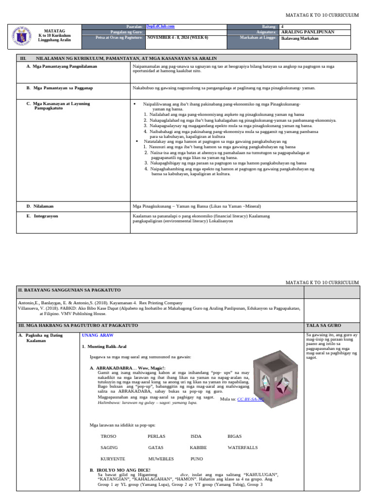 DLL Matatag - Araling Panlipunan 4 q2 w6 | PDF