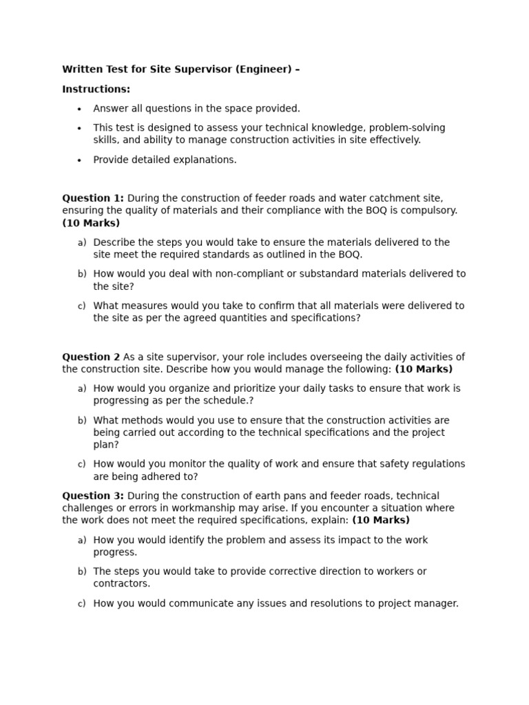 Written Test For Site Supervisor | PDF | Safety | Regulatory Compliance