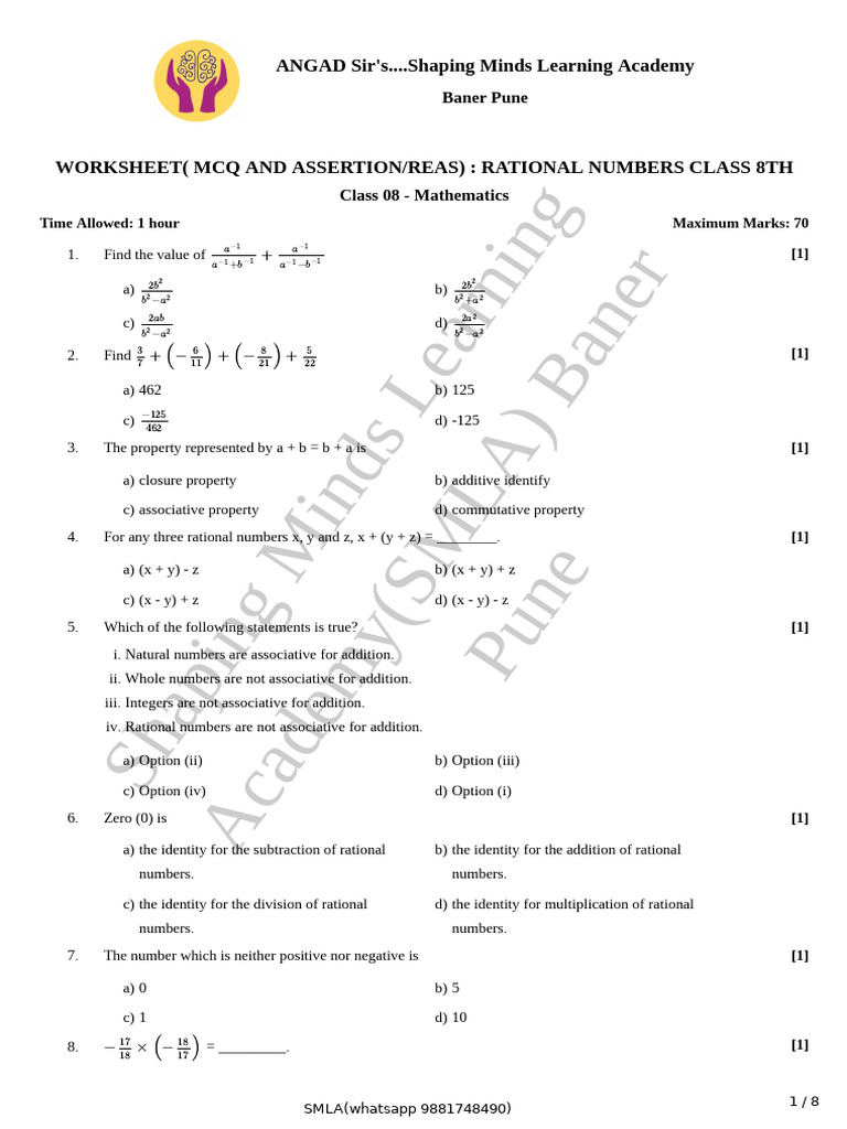 Rational Numbers Worksheet for Class 8 | PDF | Numbers | Rational Number