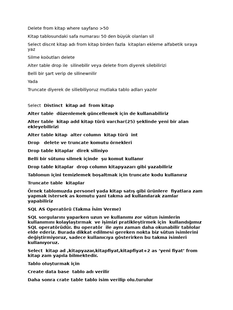 SQL Komut Örnekleri | PDF