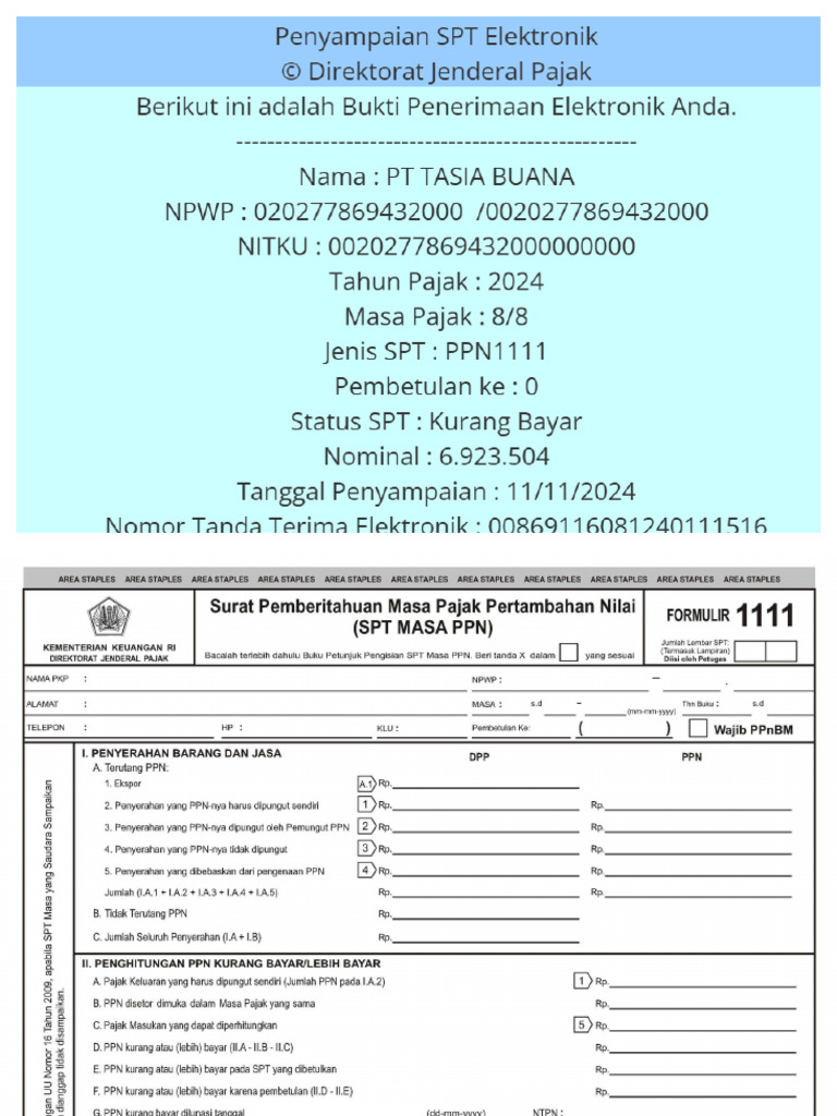 Bukti Lapor SPT PPN PT. Tasia Buana Agustus 2024 F | PDF