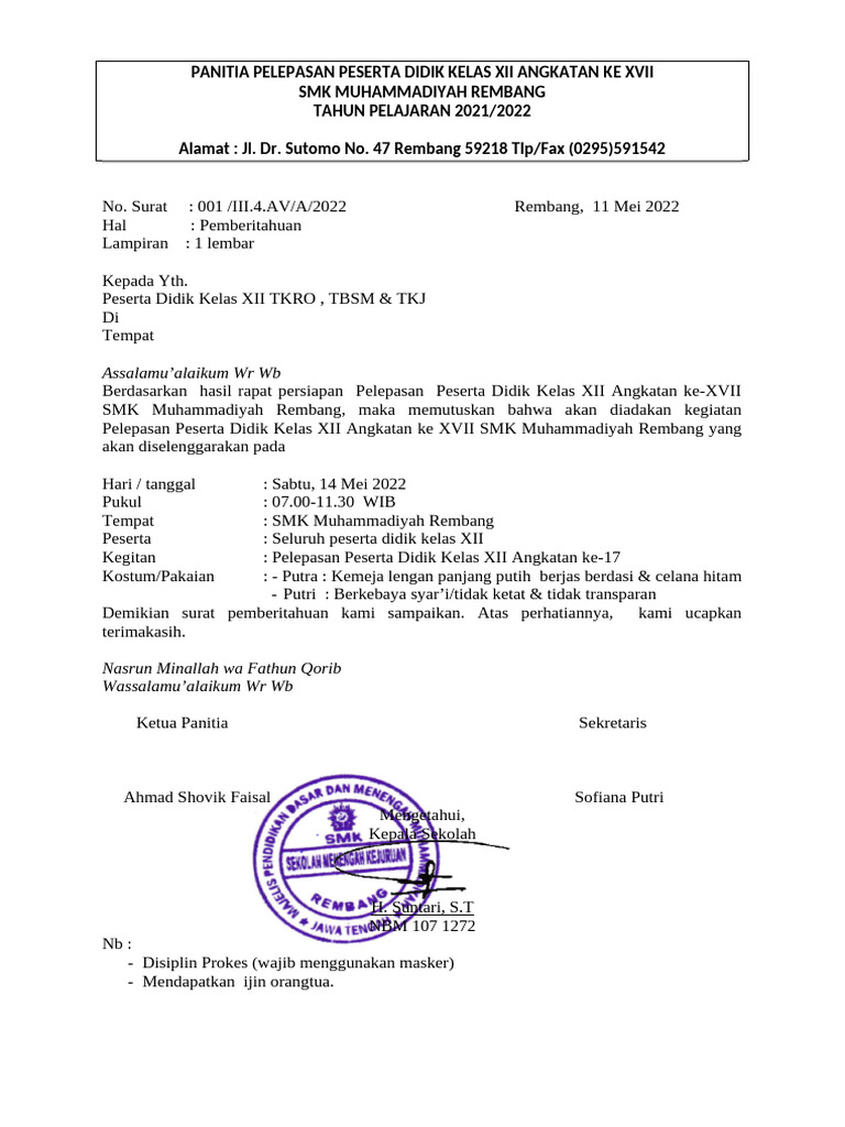 Undangan Pelepasan Peserta Didik Kelas Xii Angkatan Ke Xvii | PDF