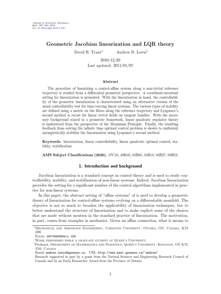 Geometric Jacobian Linearization and LQR Theory | PDF | Teaching ...
