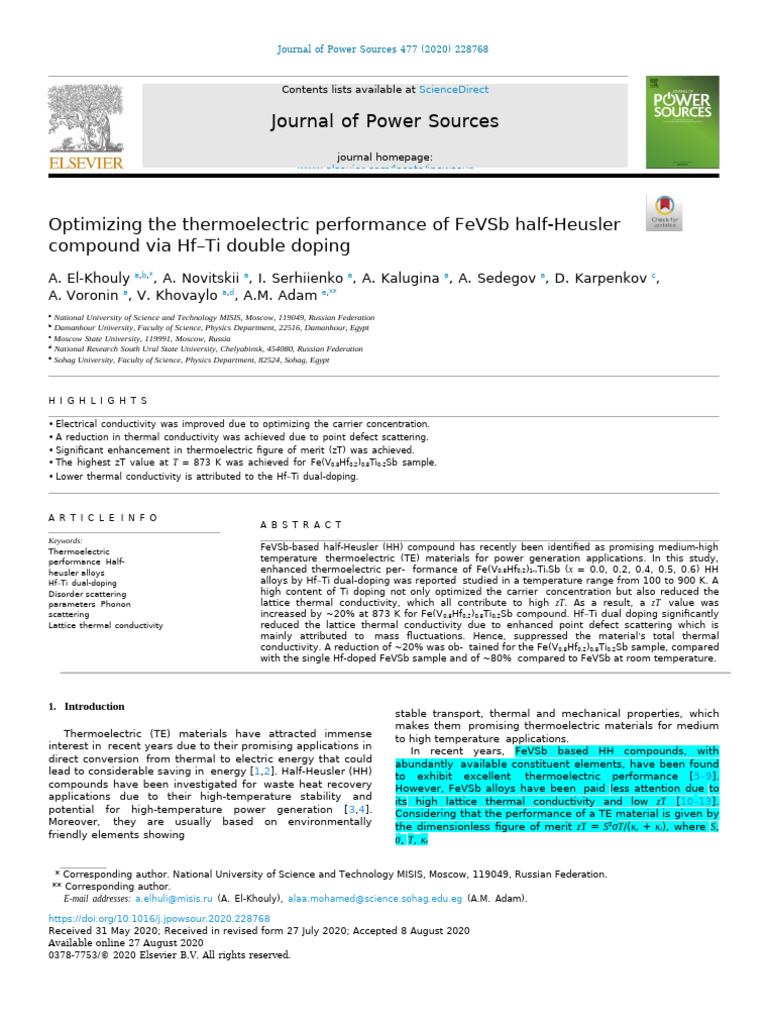 Optimizing The Thermoelectric Performance of FeVSb Half-Heusler Compound Via Hf-Ti Double Doping ...