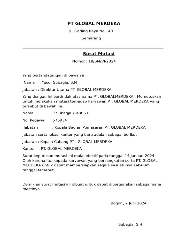 Contoh Surat Perusahaan Global Merdeka | PDF
