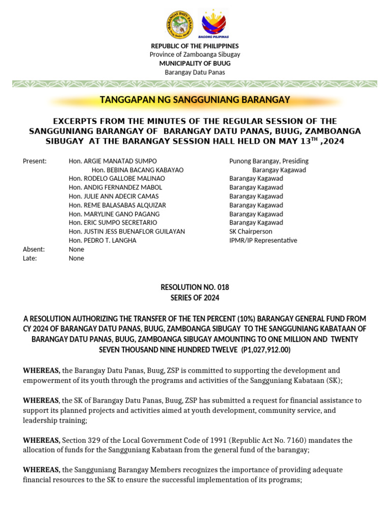 Barangay Datu Panas Fund Transfer Resolution | PDF | Government