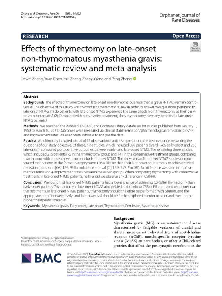 Effects of Thymectomy On Late-Onset Non-Thymomatous Myasthenia Gravis ...