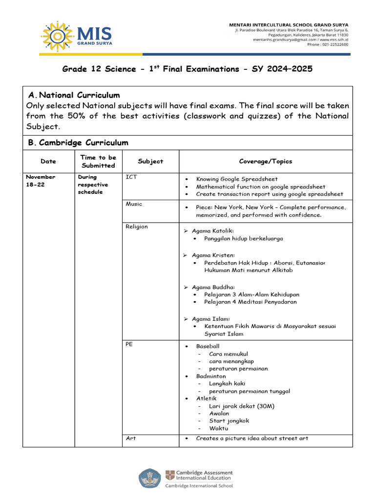 Grade 12 Final Exam Schedule 2024-2025 | PDF | Student Assessment And ...