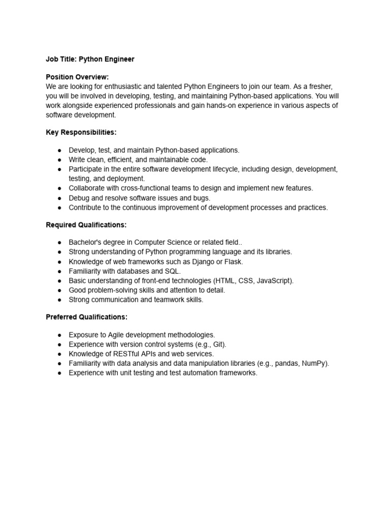JD - Python Engineer - Fresher | PDF | Computers | Technology & Engineering