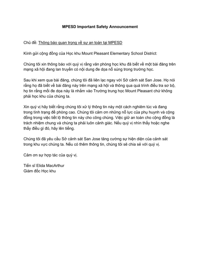 MPESD Safety Announcement Vietnamese | PDF