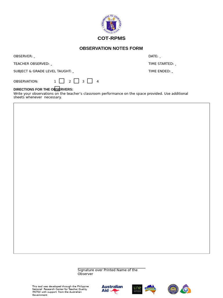 Appendix C 08 COT RPMS Observation Notes Form 2 | PDF