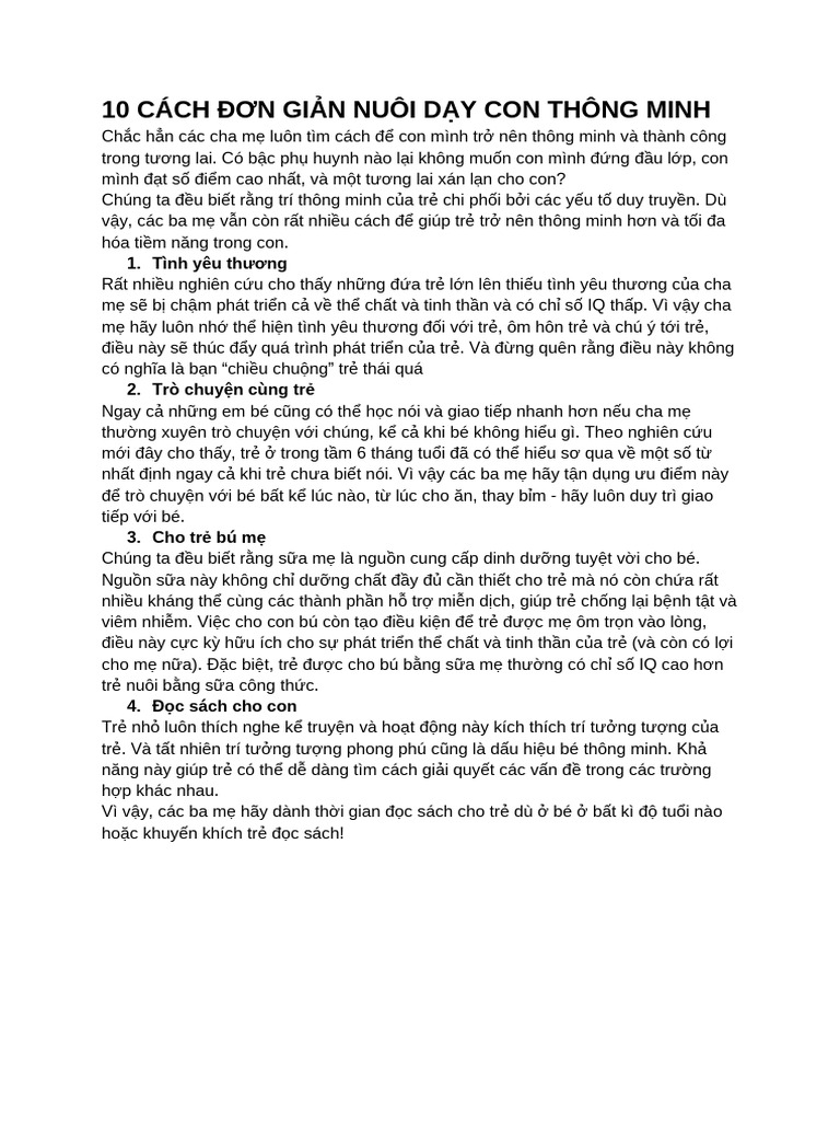 10 Cách Đơn Gi N Nuôi D y Con Thông Minh | PDF