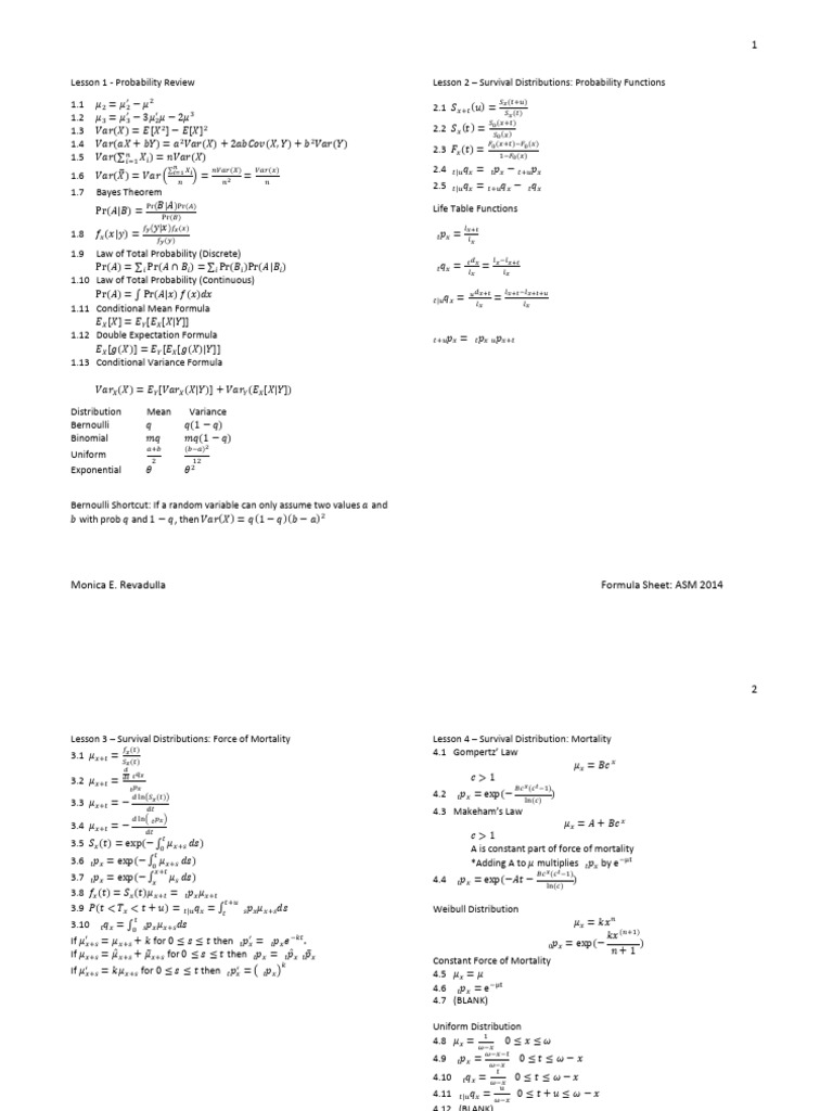 Formula Sheet MLC ASM 2014 | PDF | Probability Distribution | Measure Theory