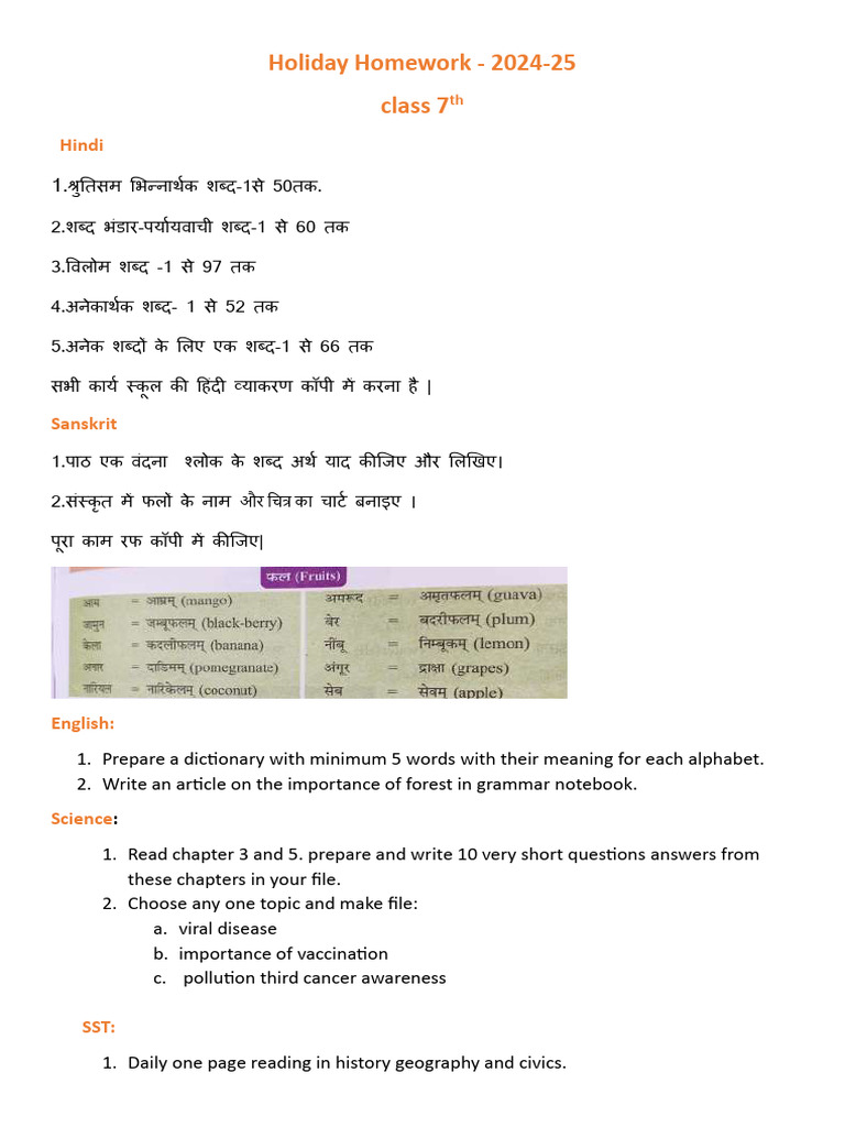 Holiday Homework Class 7th - 2024-25 | PDF | Language Arts & Discipline ...
