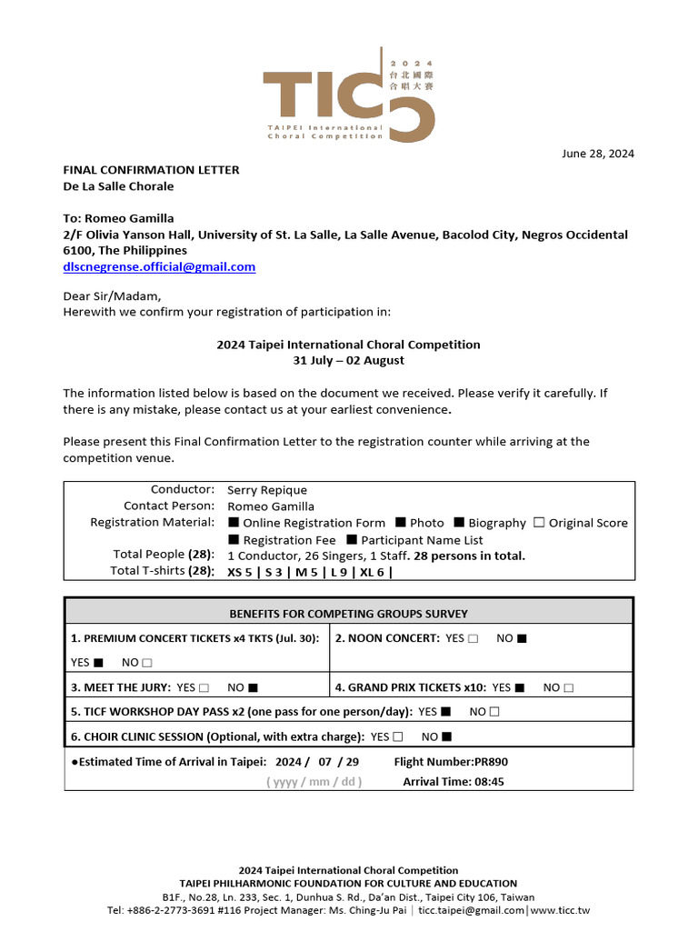 2024-TICC-FINAL Confirmation Letter - de La Salle Chorale | PDF | Choir | Performing Arts