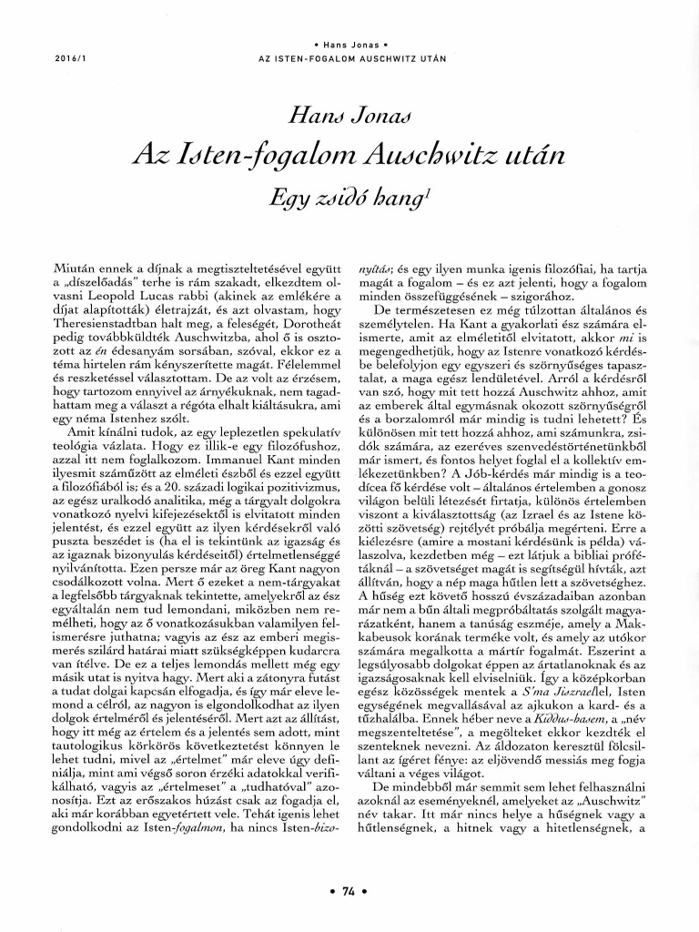 Hans Jonas Isten Auschwitz Utan | PDF