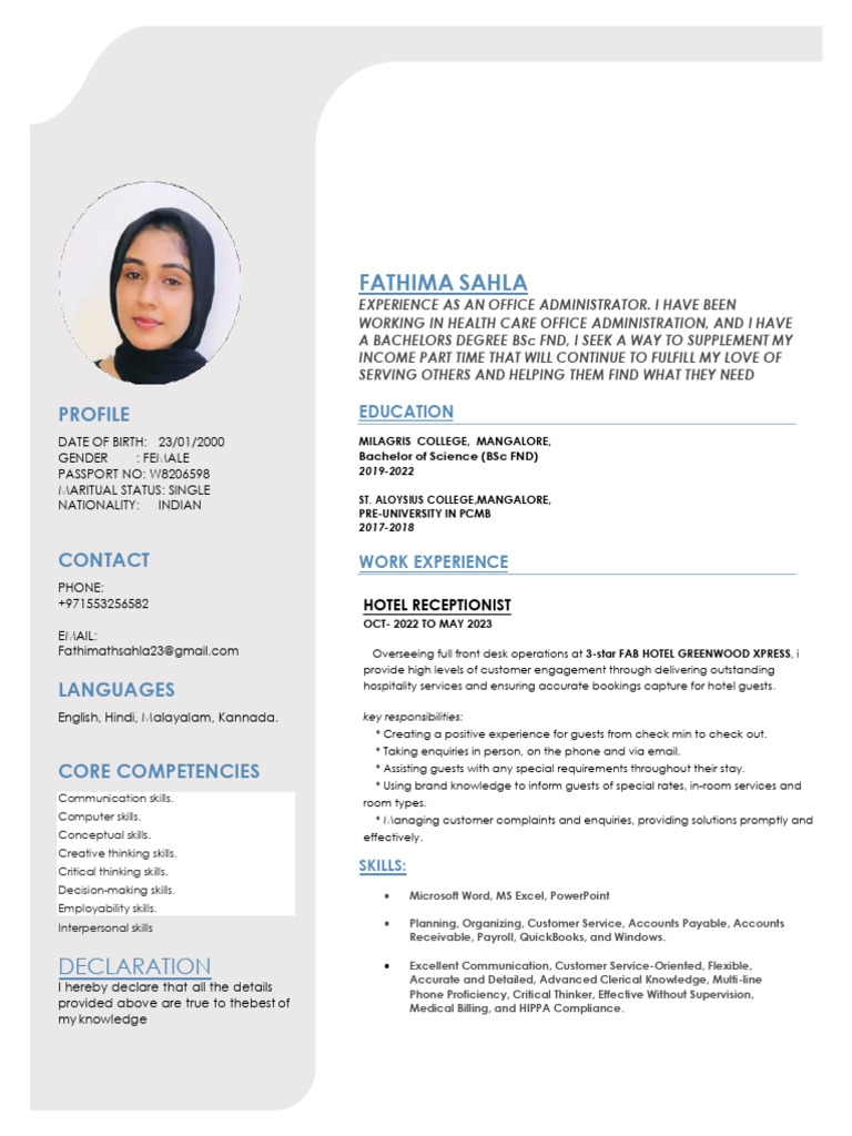FATHIMA SAHLA - Receptionist | PDF