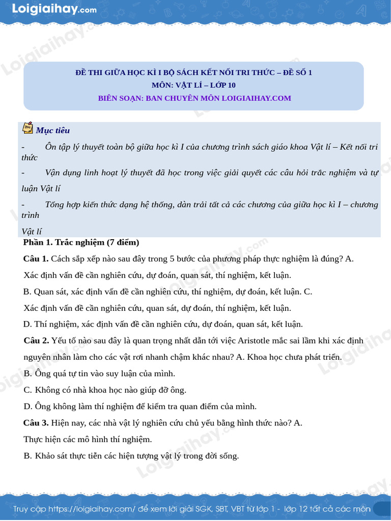 De Thi Giua Hoc Ki 1 Vat Li 10 Ket Noi Tri Thuc de So 01 1694766593 | PDF