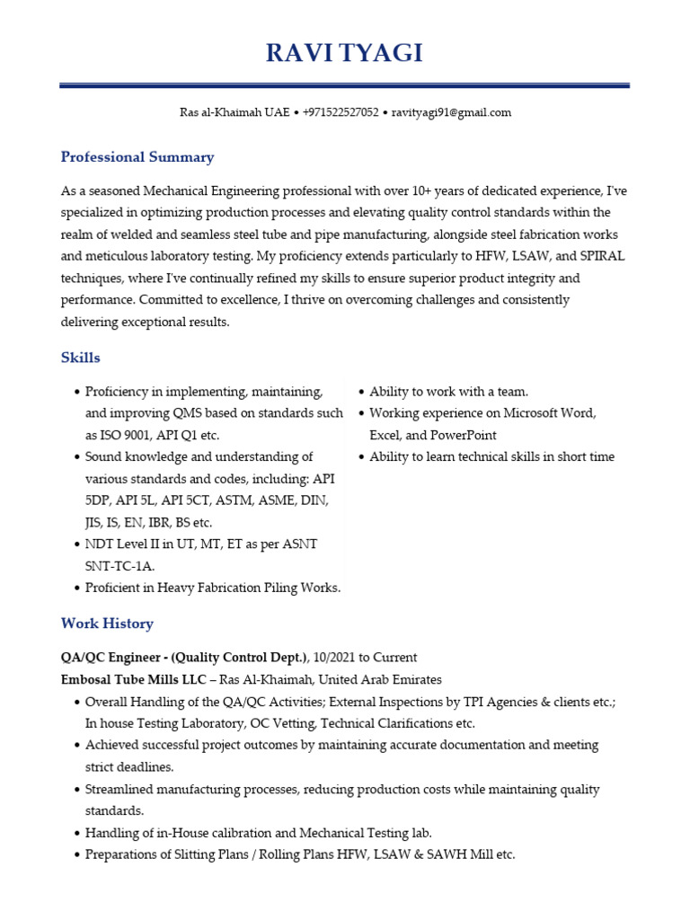 Resume - Ravi Tyagi - BE Mechanical | PDF | Deep Foundation | Iso 9000