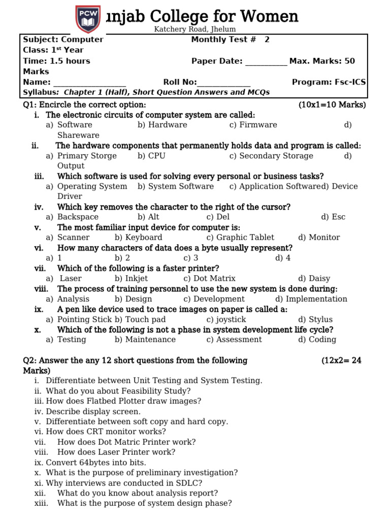 1st Year Computer MT 2 | PDF | Computer Hardware | Computer Engineering