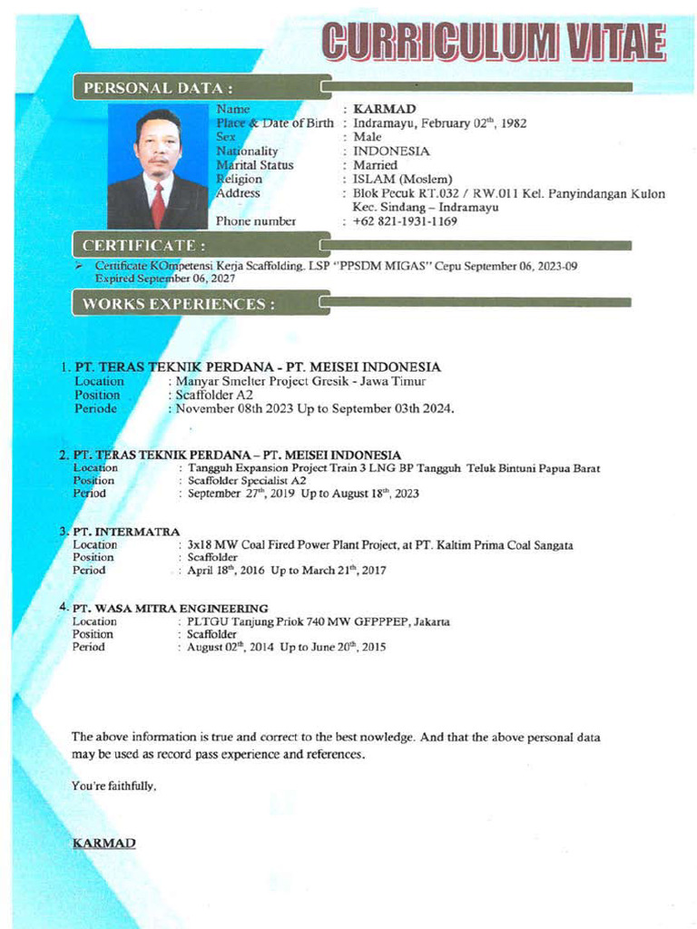 Lamaran Scaffolder - Karmad | PDF