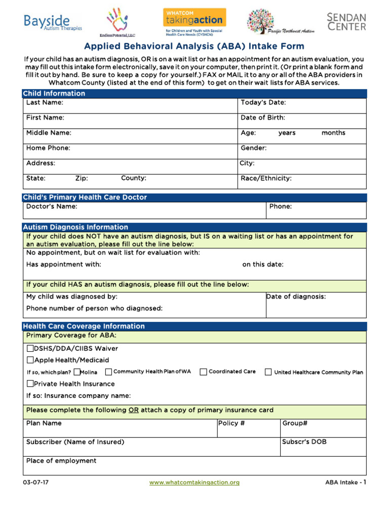 Aba Intake Fillable and Print Form 2017 03 07 | PDF | Psychotherapy ...
