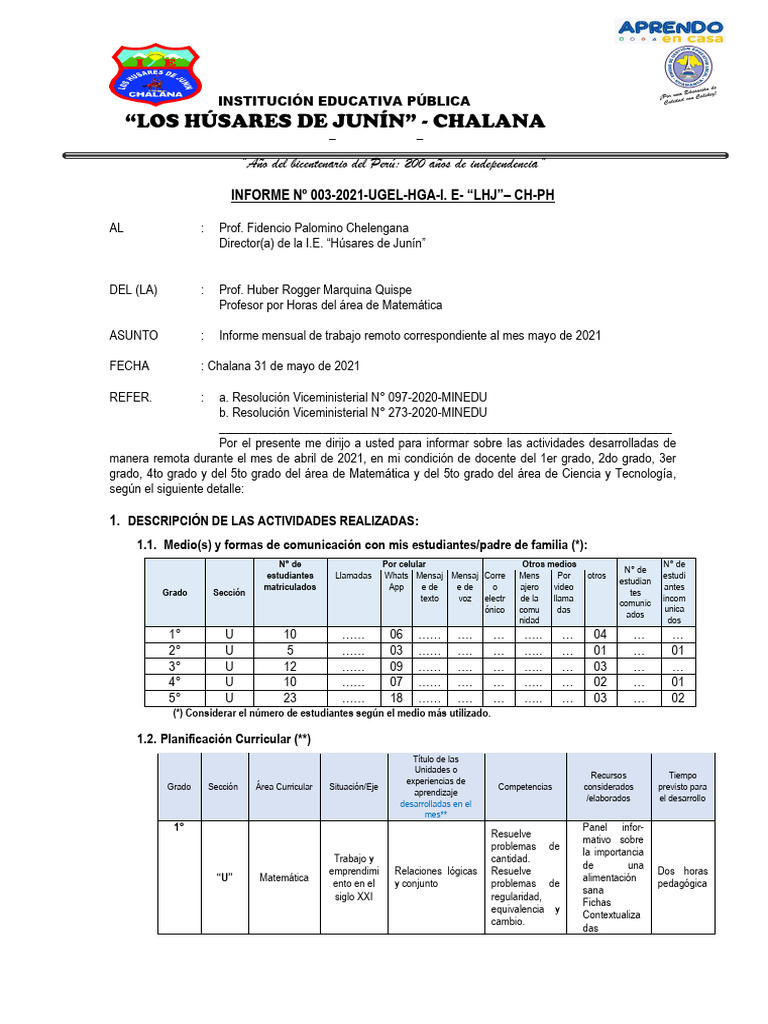 INFORME MES DE MAYO 2021-Prof. HUBER | PDF | Aprendizaje