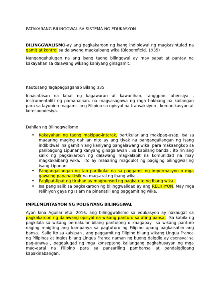 Patakarang Bilinggwal Sa Sistema NG Edukasyon | PDF