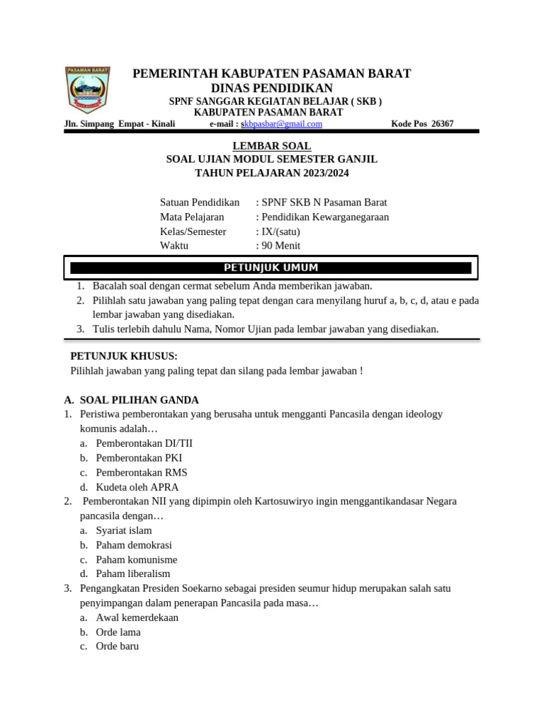 Soal PKN Kelas 9 | PDF | Ilmu Sosial