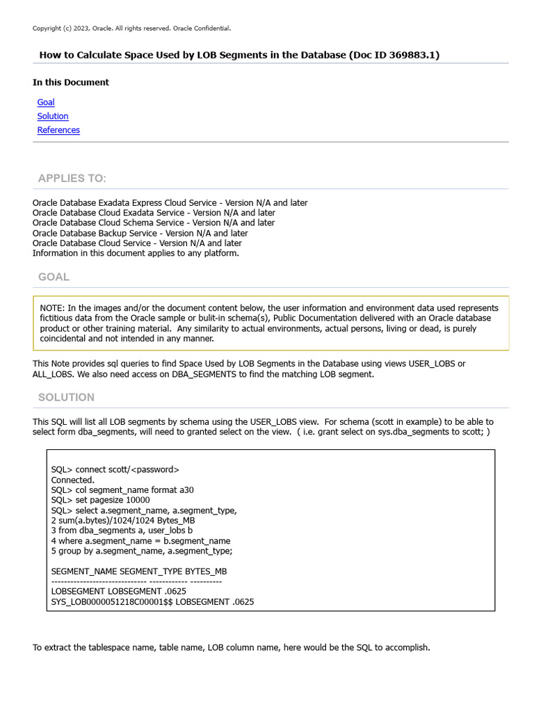 How To Calculate Space Used by LOB Segments in The Database (Doc ID 369883.1) | PDF | Databases ...