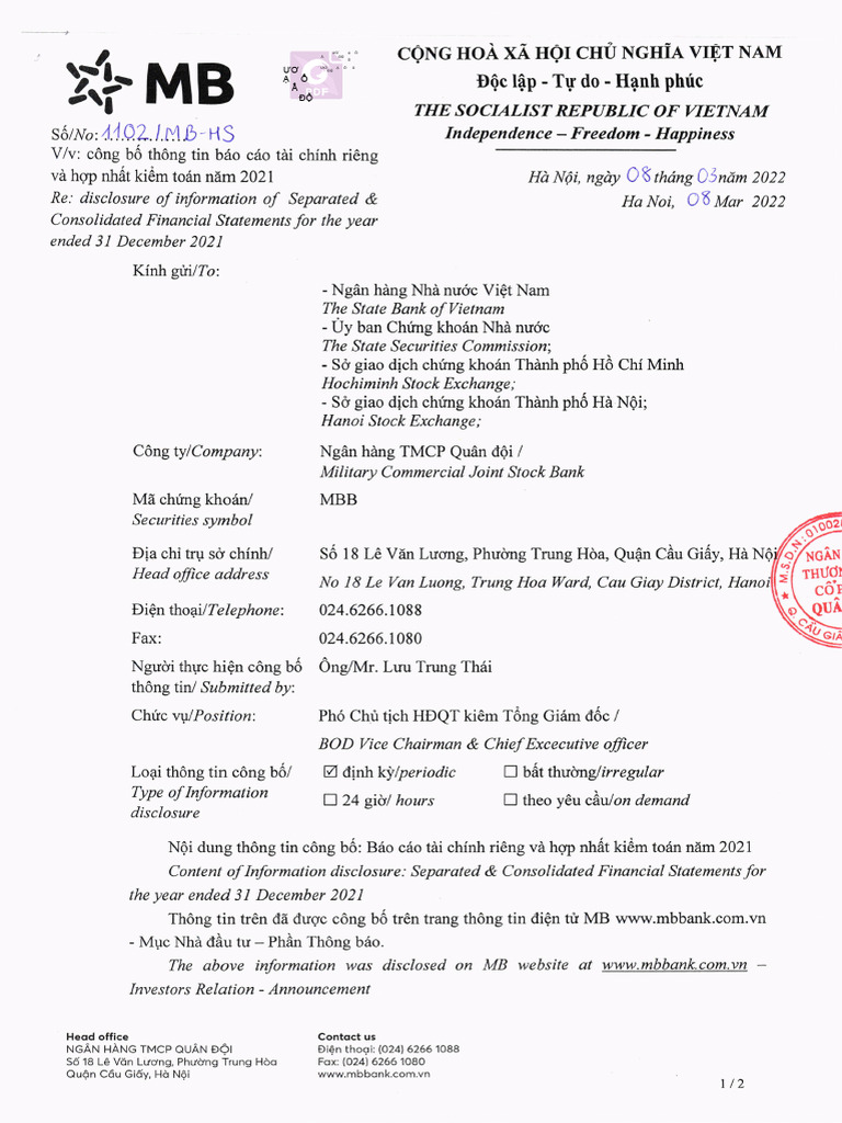 MBB - BCTC Riêng 2021 (Auduted) | PDF
